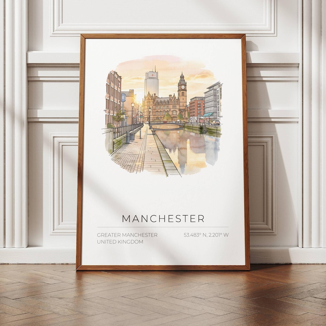 Manchester Poster - Canal Walkway Print, Clocktower Watercolor Skyline ...
