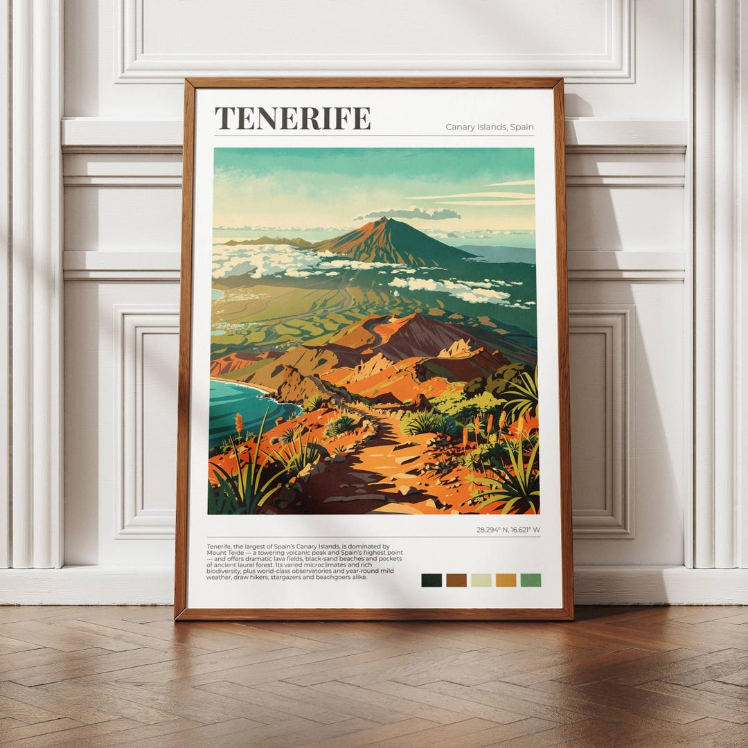 Tenerife Travel Poster - Mid-century Volcanic Landscape in Teal and ...