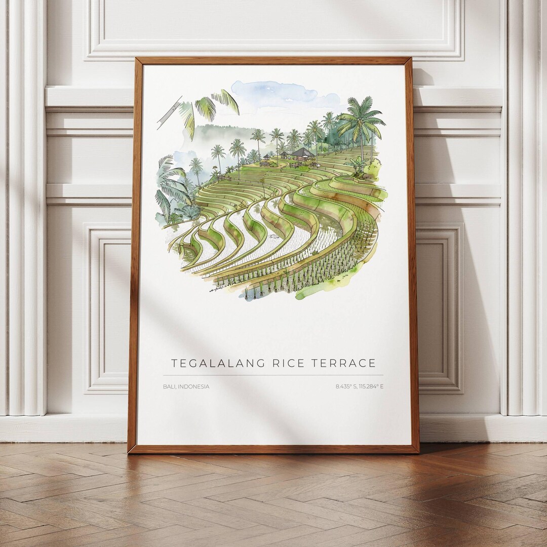 Poster Tegalalang Rice Terrace - Watercolor Travel Print, Green ...