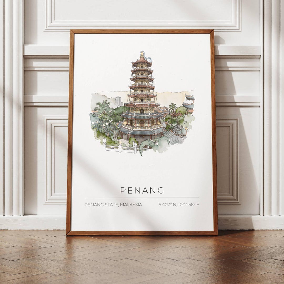 Travel Poster Penang Print • Pagoda Illustration, Watercolor Sketch ...