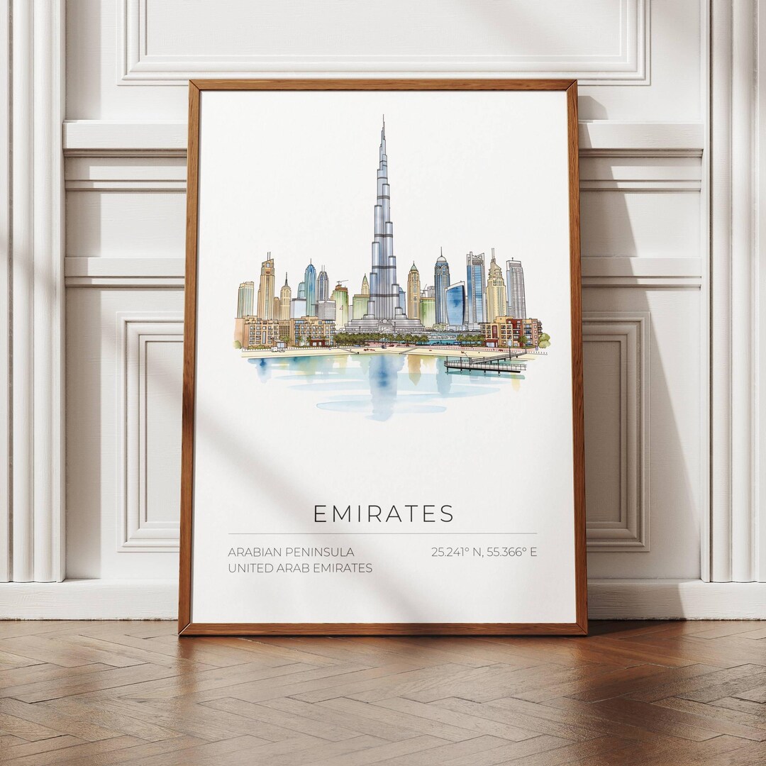 Dubai Skyline Poster, Burj Khalifa Watercolor Print, UAE Travel Wall ...
