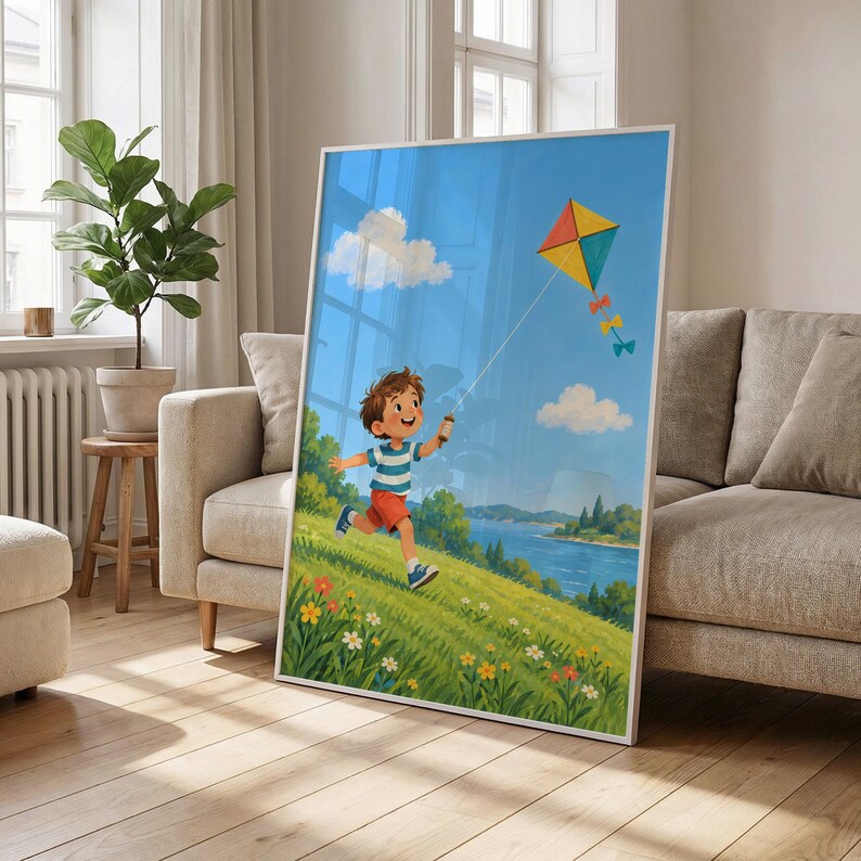 Boy Kite Poster, Storybook Illustration, Blue Yellow, Nursery Wall Art ...