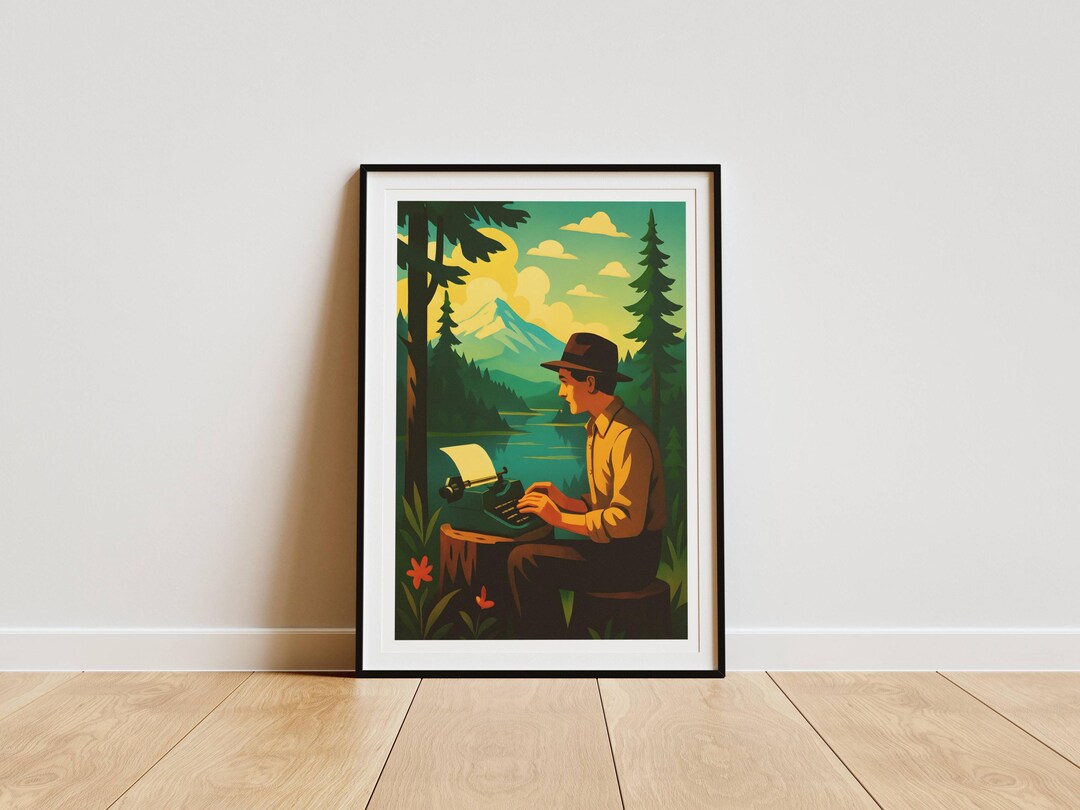 Poster - Midcentury Writer at Lake, Typewriter Illustration, Green ...