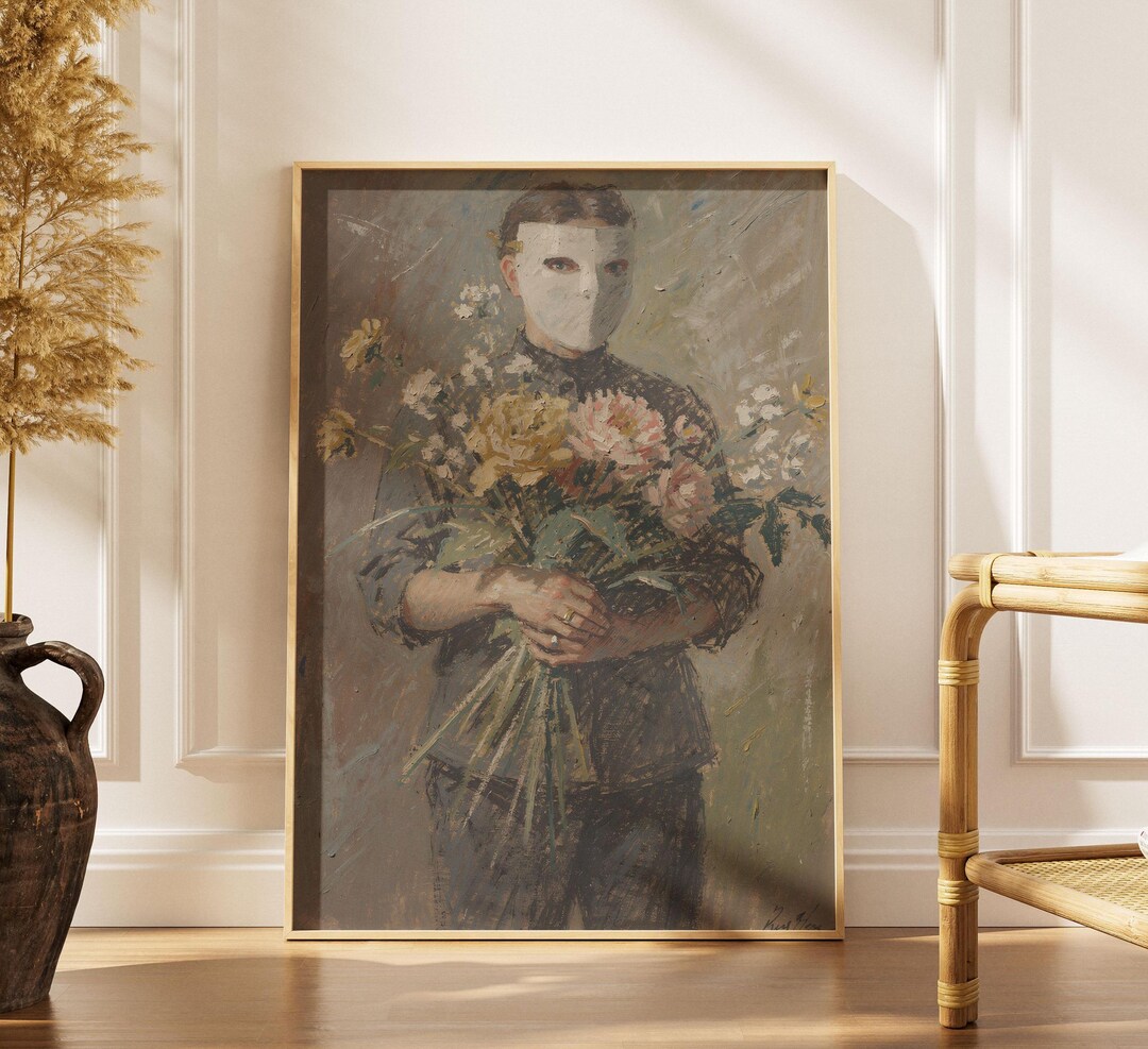Poster - Masked Portrait With Bouquet, Muted Pastels, Oil Painterly ...