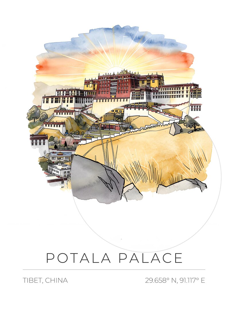 Poster Potala Palace - Watercolor Illustration, Sunrise Palette ...