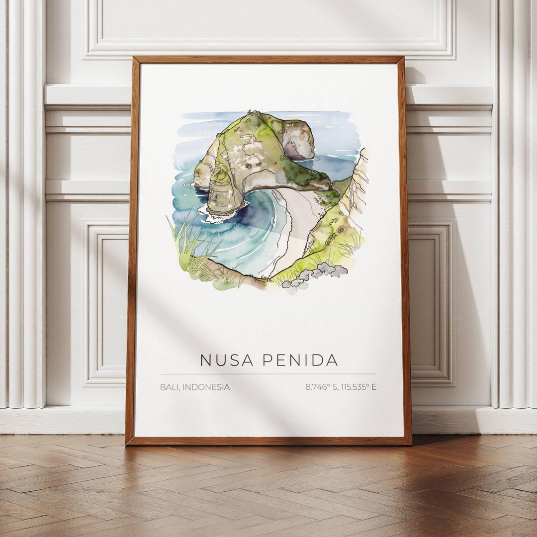 Poster Nusa Penida Watercolor Island Print, Coastal Blue-green Travel ...