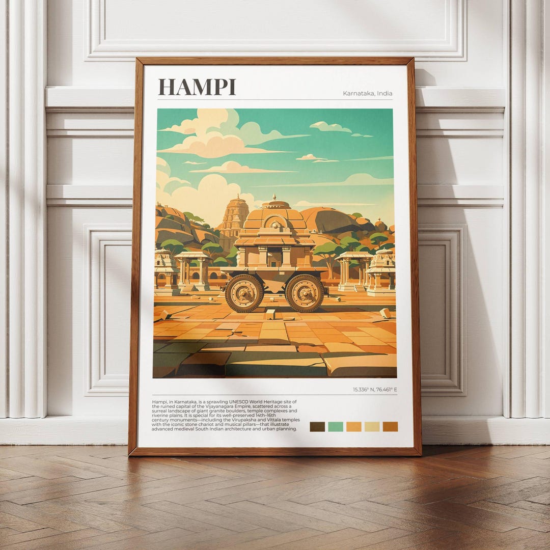 Poster - Hampi Travel Print, Midcentury Temple Chariot Illustration in ...
