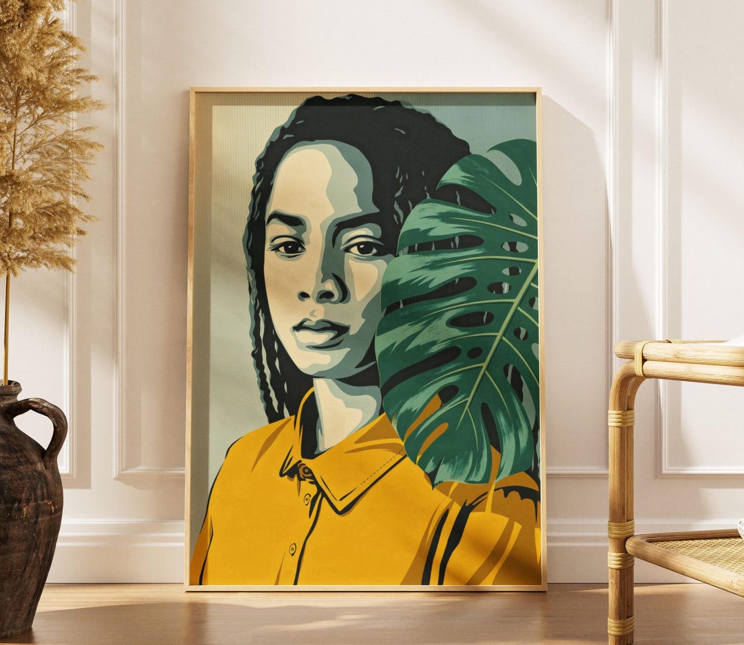 Poster Modern Portrait Monstera Leaf Yellow Shirt Braided Hair Vector ...