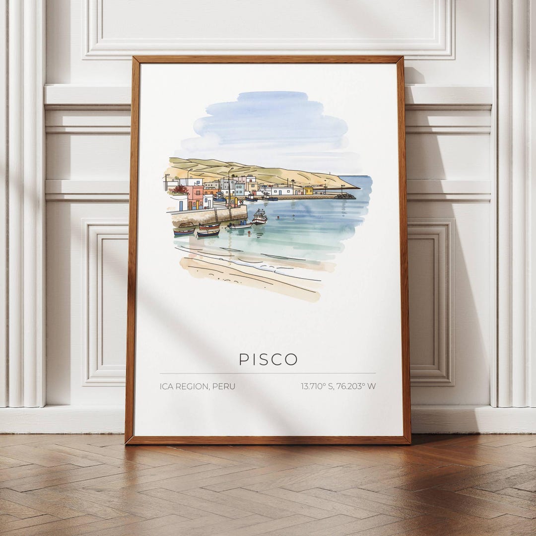 Pisco Peru Poster, Coastal Harbor Illustration, Watercolor Travel Print ...