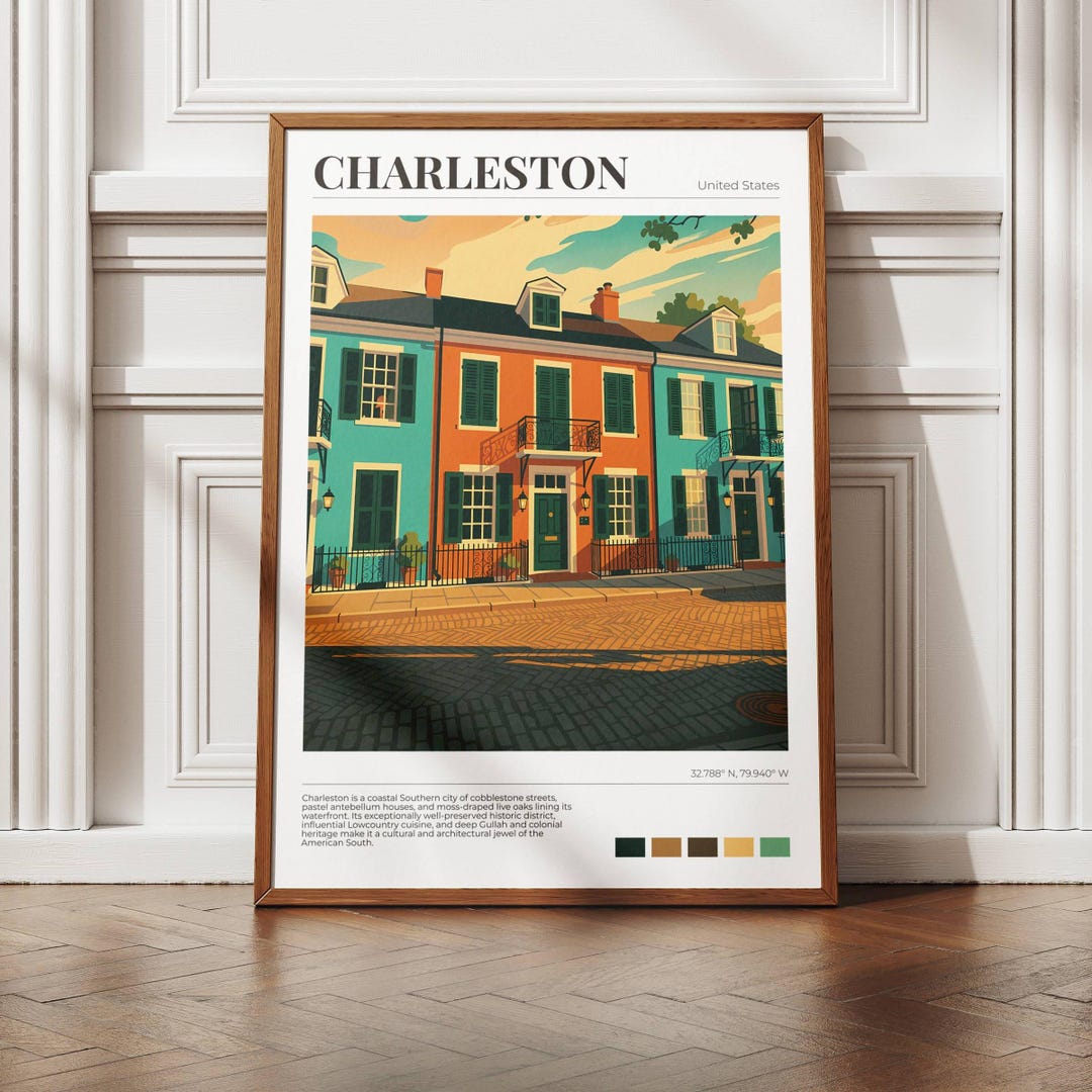 Charleston Poster, Pastel Row Houses on Cobblestone Street, Southern ...