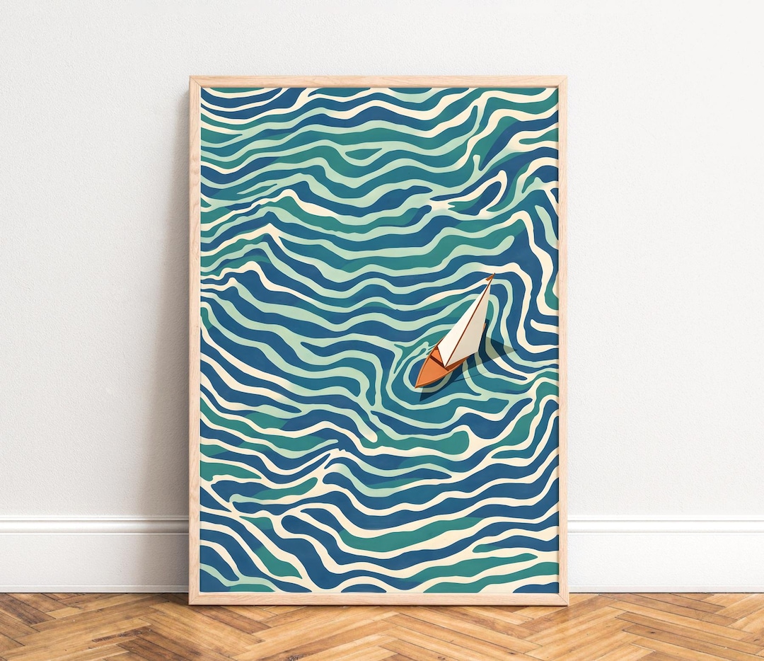 Poster, Abstract Nautical Sailboat, Turquoise Blue Wavy Pattern ...