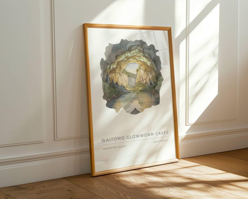 Poster Waitomo Glowworm Caves - Watercolor Travel Print, Golden Light ...