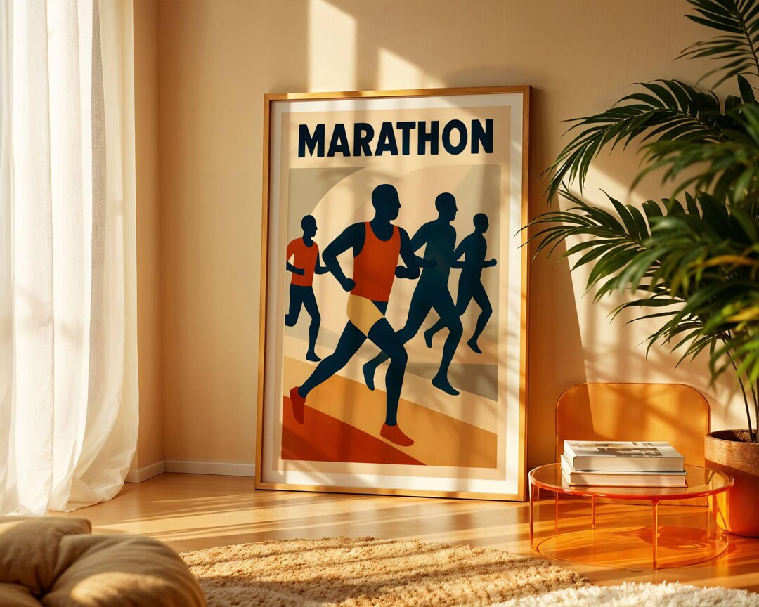 Poster Marathon - Vintage Art Deco Runners, Orange & Navy, Dynamic ...