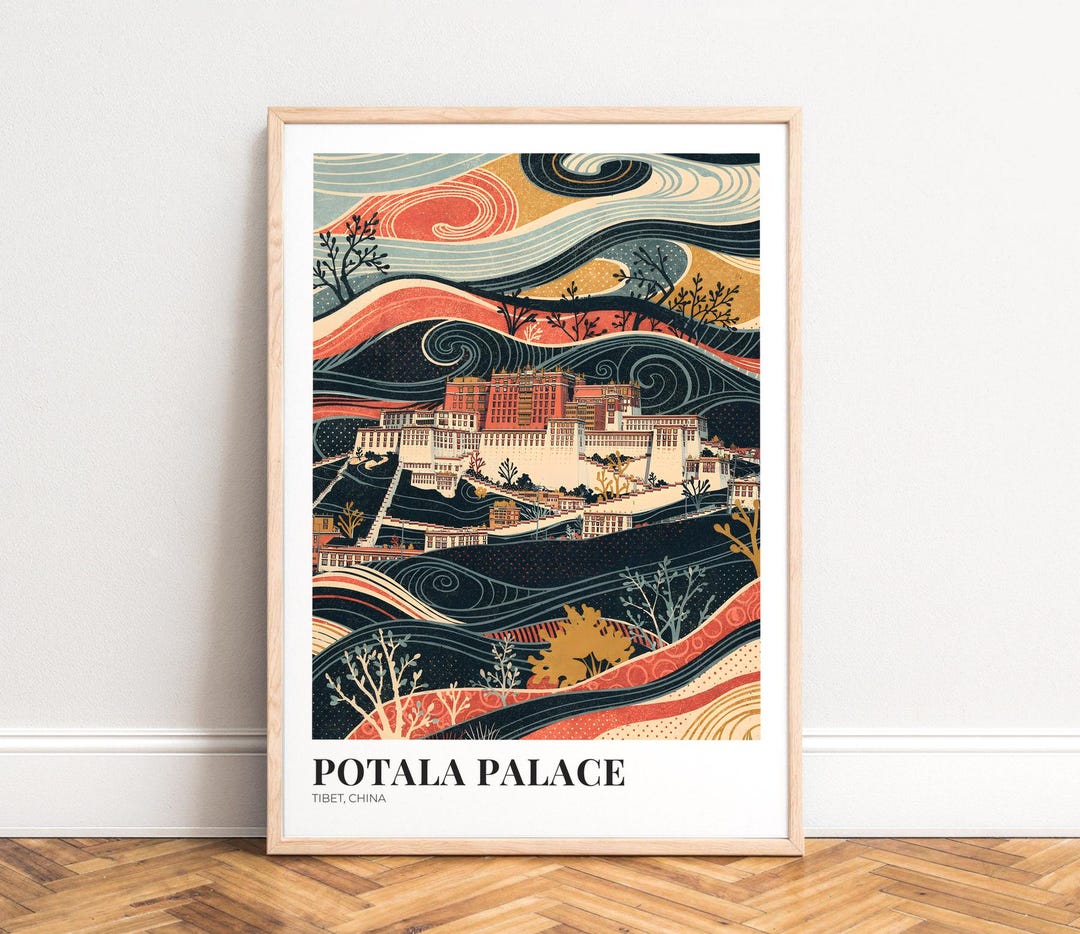 Travel Poster: Potala Palace Illustration, Wave Graphic, Navy Coral ...