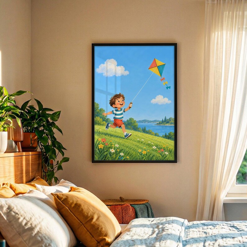 Boy Kite Poster, Storybook Illustration, Blue Yellow, Nursery Wall Art ...