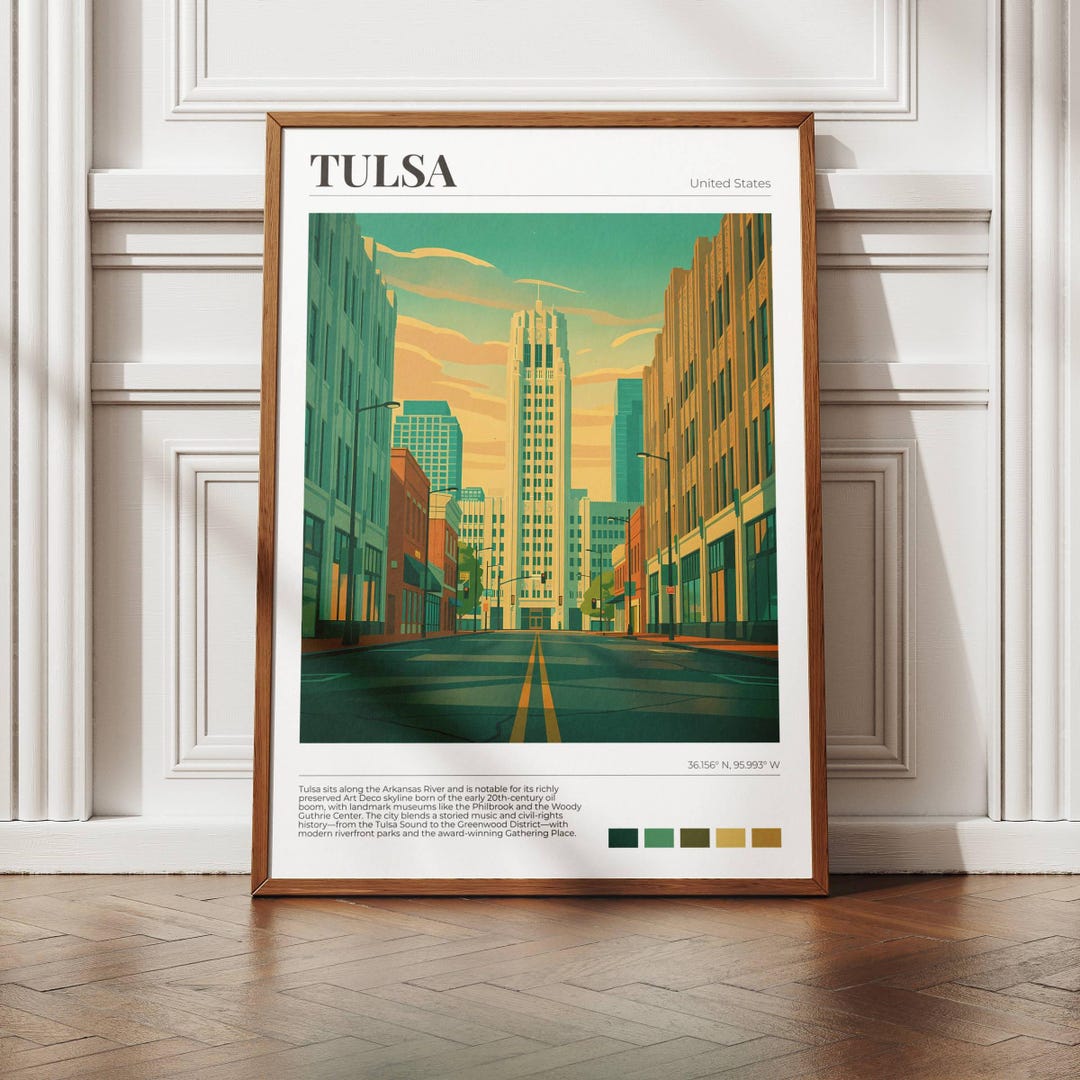 Tulsa Skyline Poster, Art Deco City Print - Teal & Gold Sunset ...