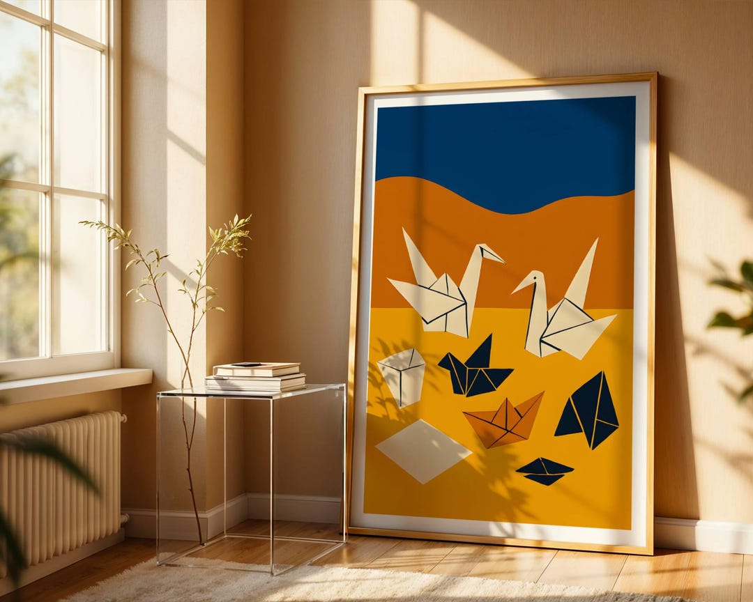 Poster Origami Cranes - Minimal Geometric Art, Warm Mustard and Navy ...