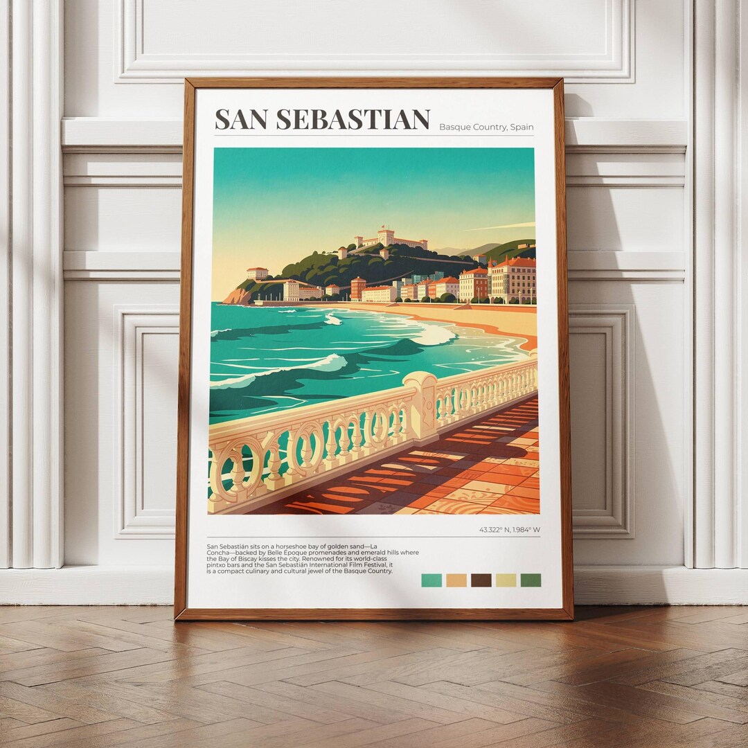 San Sebastian Poster - Art Déco Travel Print, Turquoise Sea, Golden ...