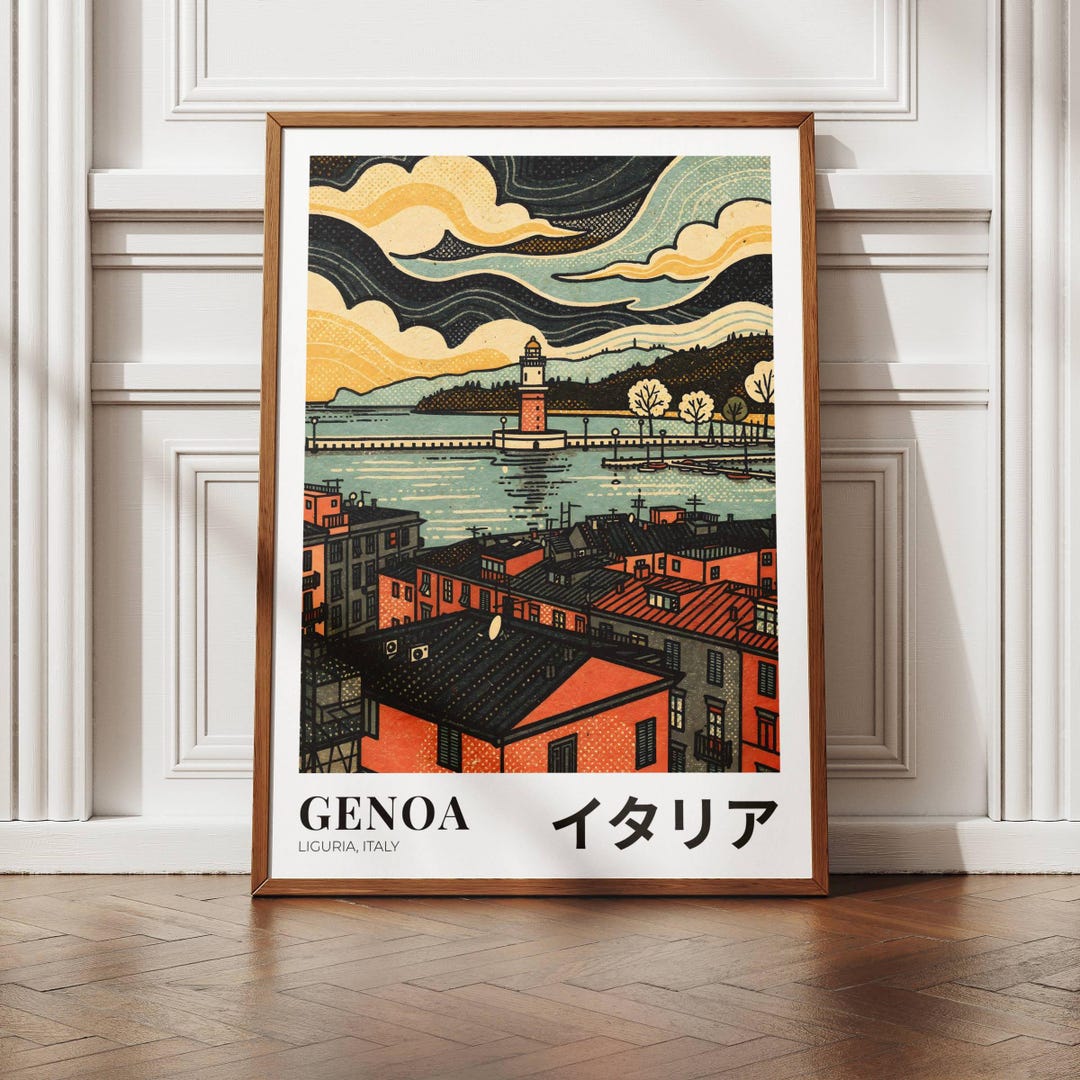 Genoa Travel Poster | Liguria Harbor Illustration With Lighthouse and ...
