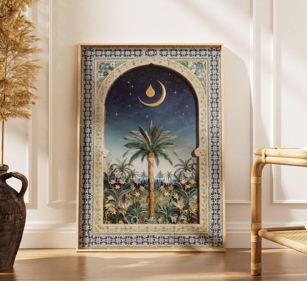 Poster Moorish Arch Tile, Botanical Palm Scene, Golden Crescent Moon ...