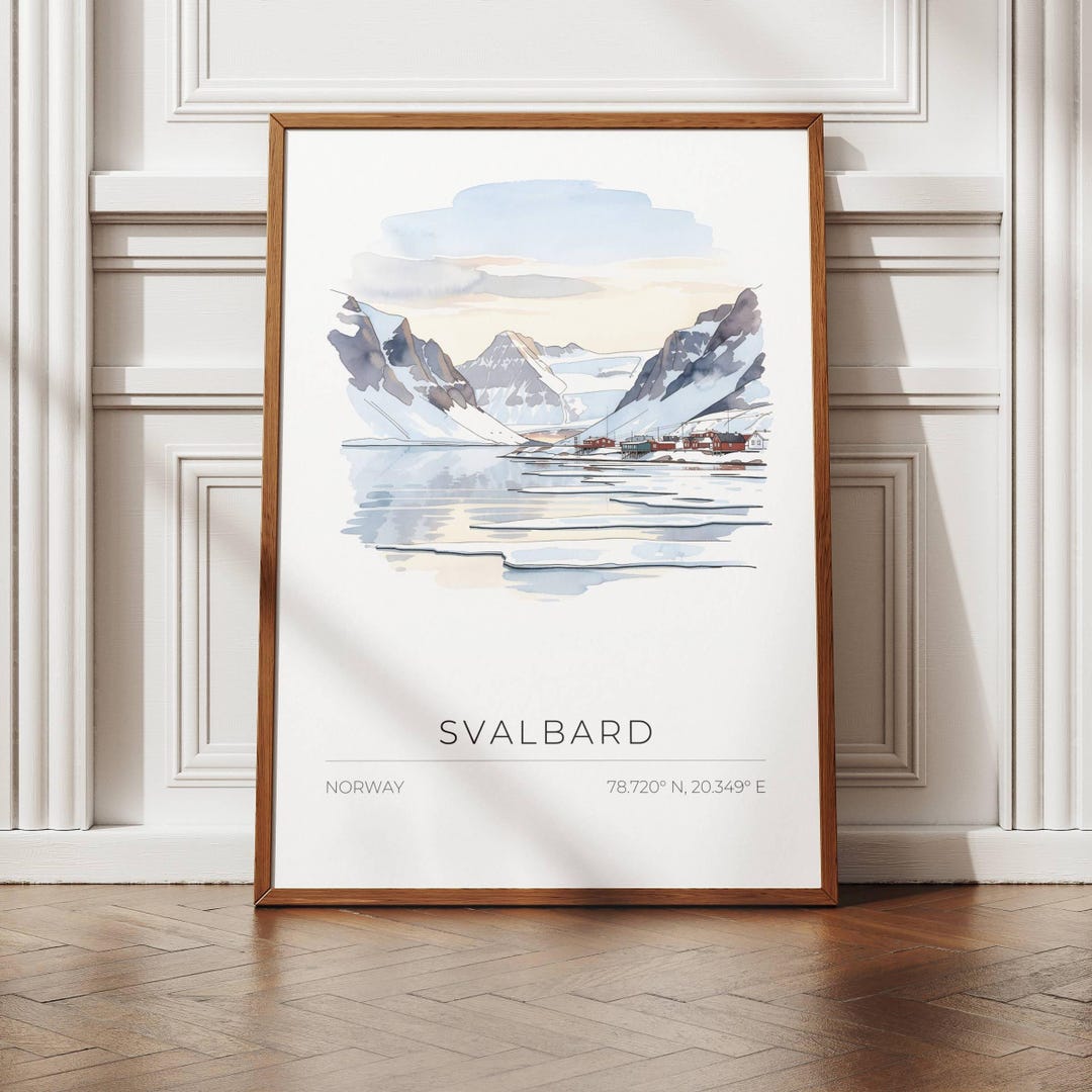 Poster Svalbard Travel Print, Minimalist Watercolor, Arctic Village ...