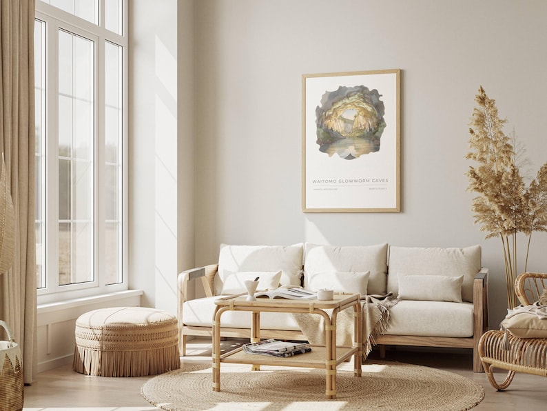 Poster Waitomo Glowworm Caves - Watercolor Travel Print, Golden Light ...