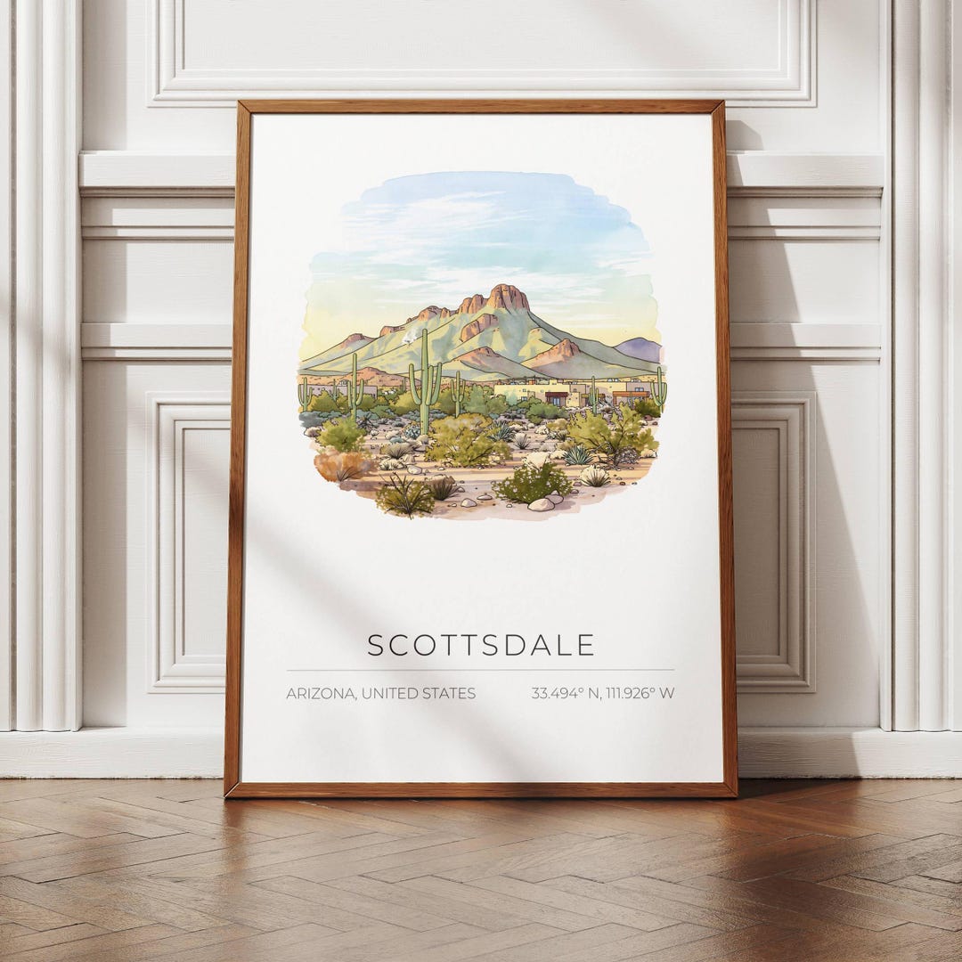 Scottsdale Arizona Travel Poster, Desert Watercolor City Print, Saguaro ...