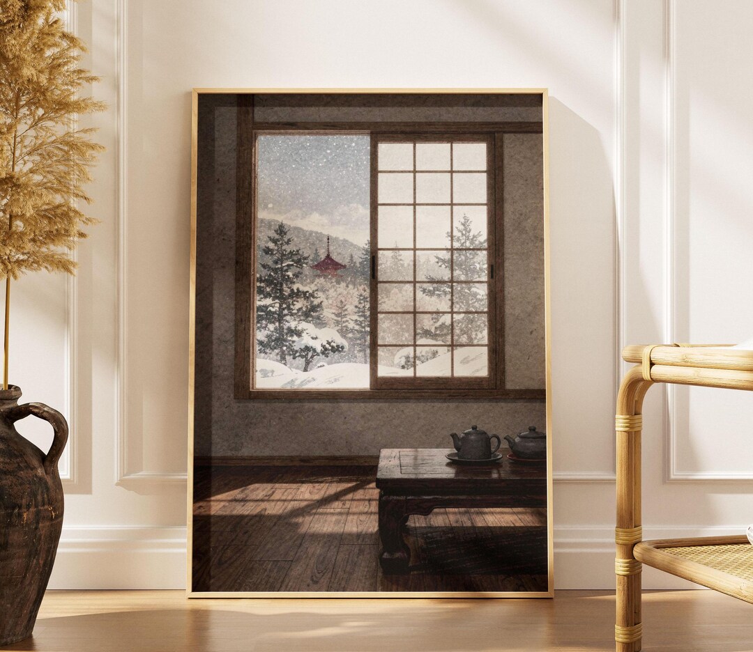 Poster Japanese Shoji Window, Pagoda in Snow, Minimalist Wabisabi Art ...