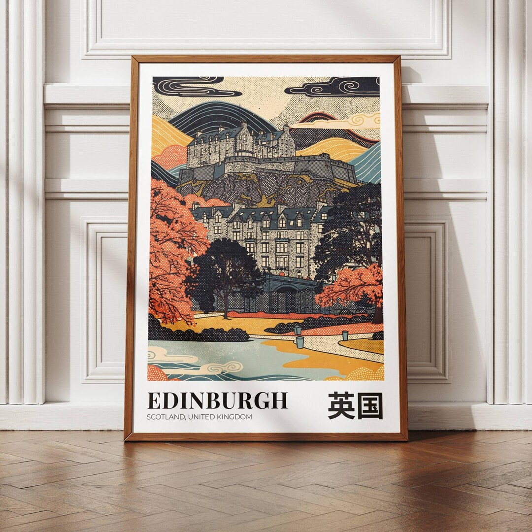 Travel Poster: Edinburgh Castle Illustration in Navy and Coral ...