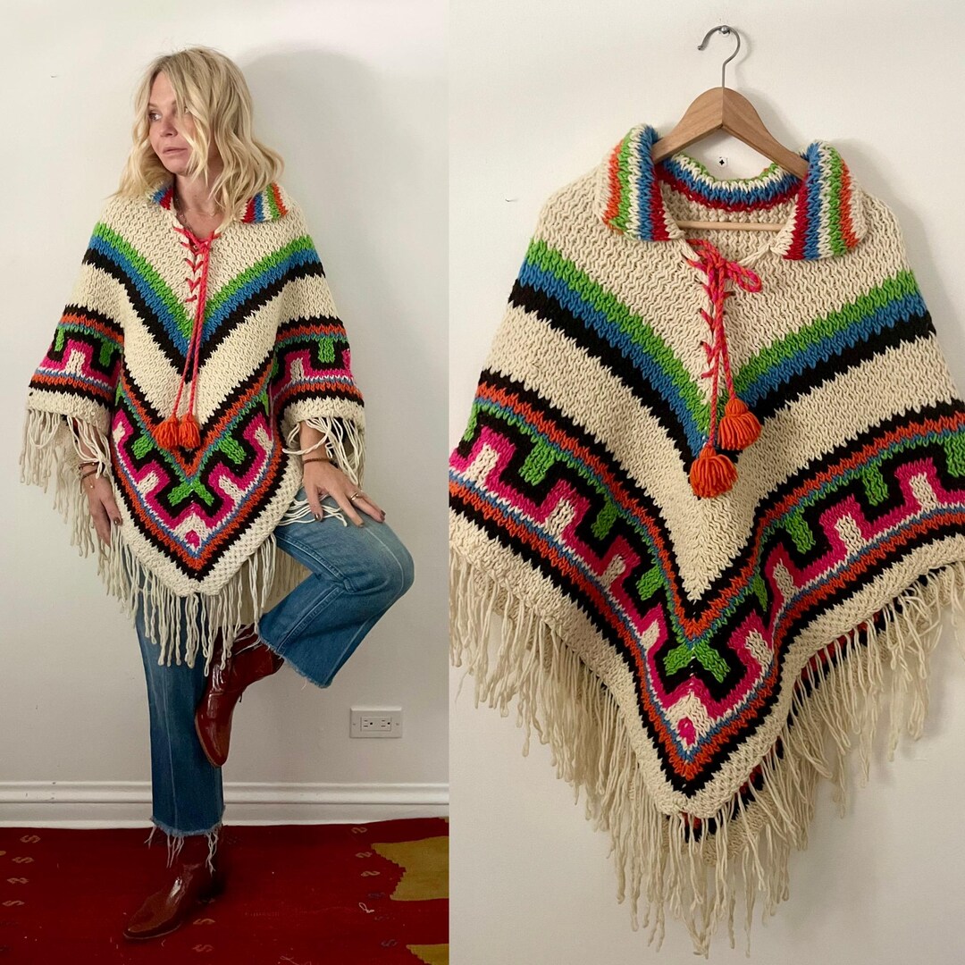 Vintage 60s Mexican Hand Knit Wool Poncho , Chunky Knit Poncho , BOHO ...