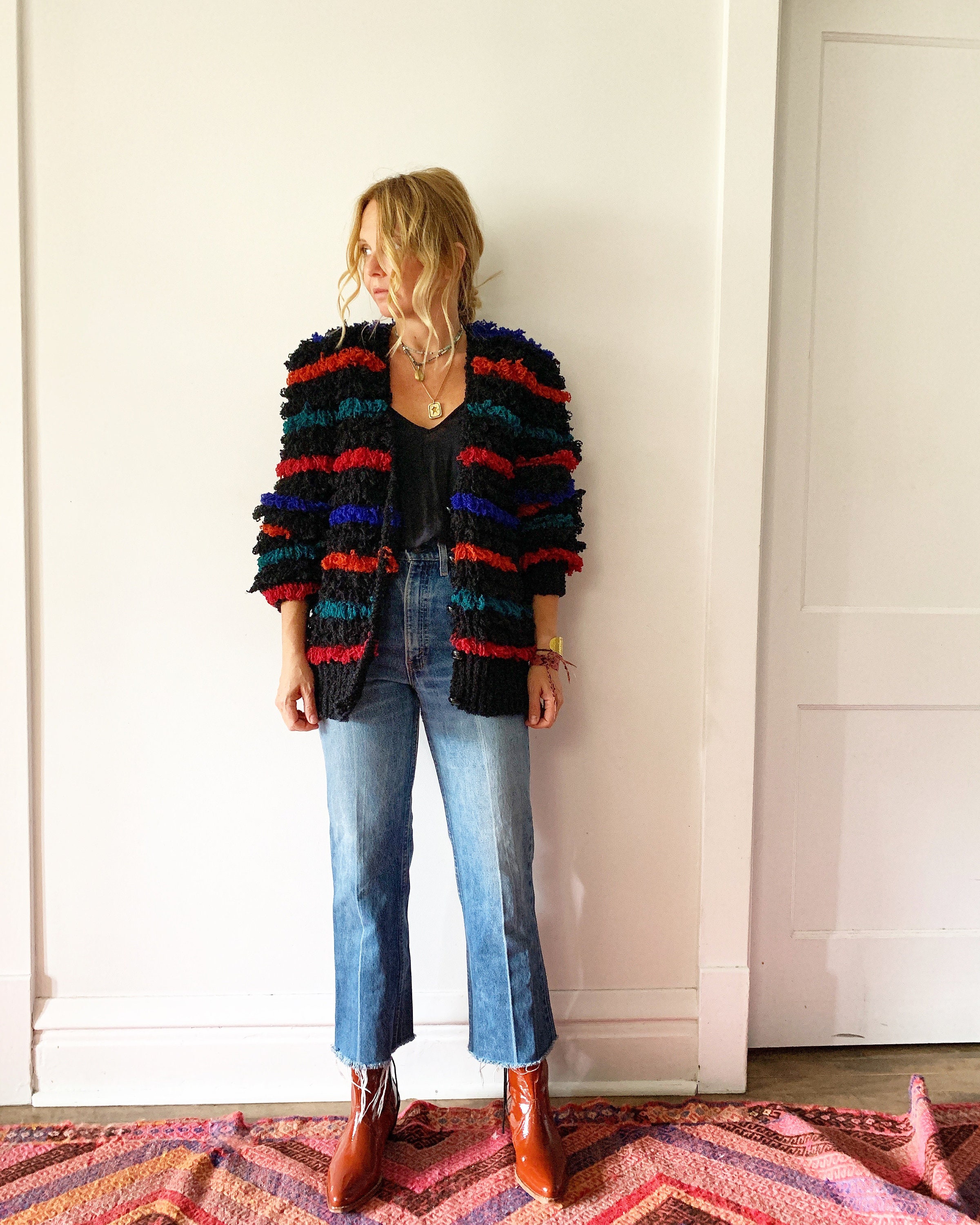 Vintage Shaggy Loop Yarn Cardigan Shaggy Sweater