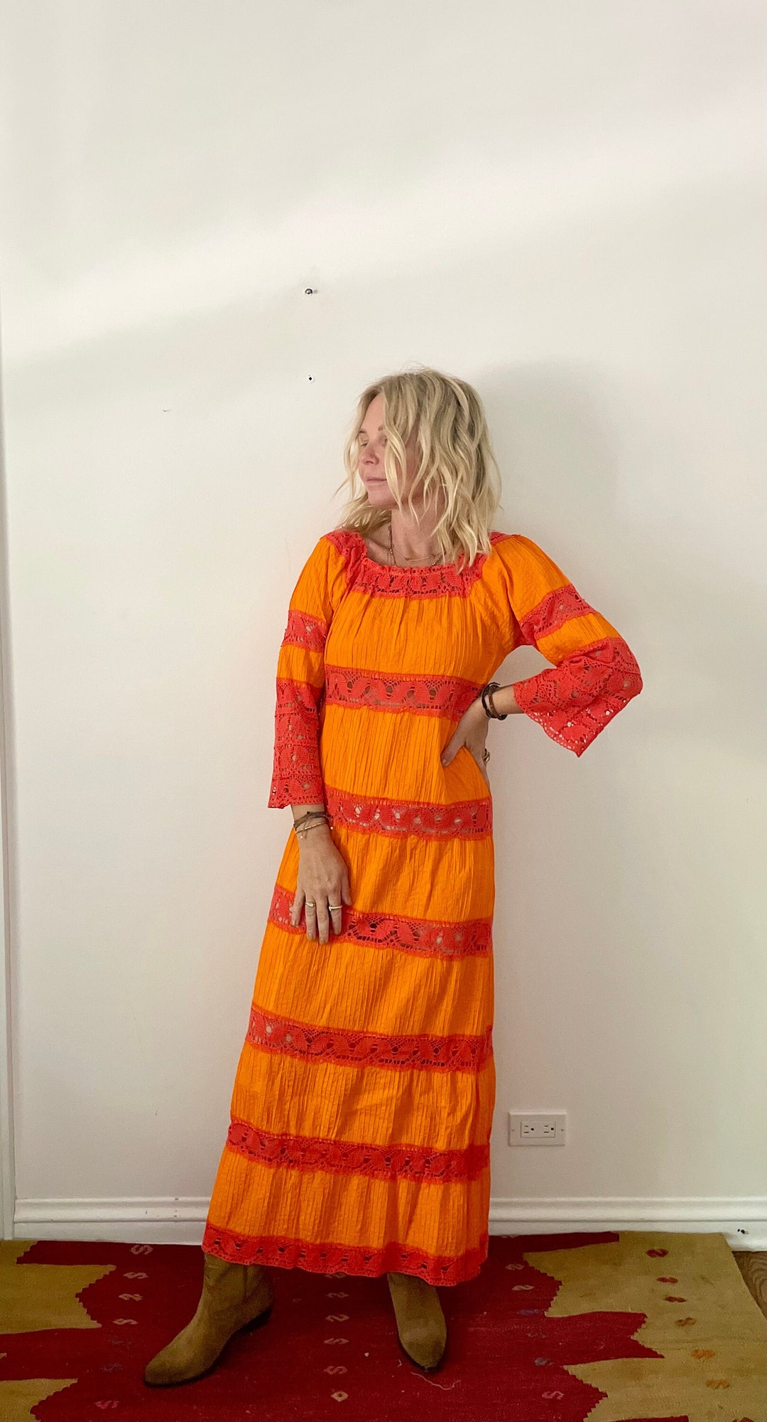 Vintage Mexican Laced Maxi Dress , Mexican Crochet Dress , Lace Dress ...