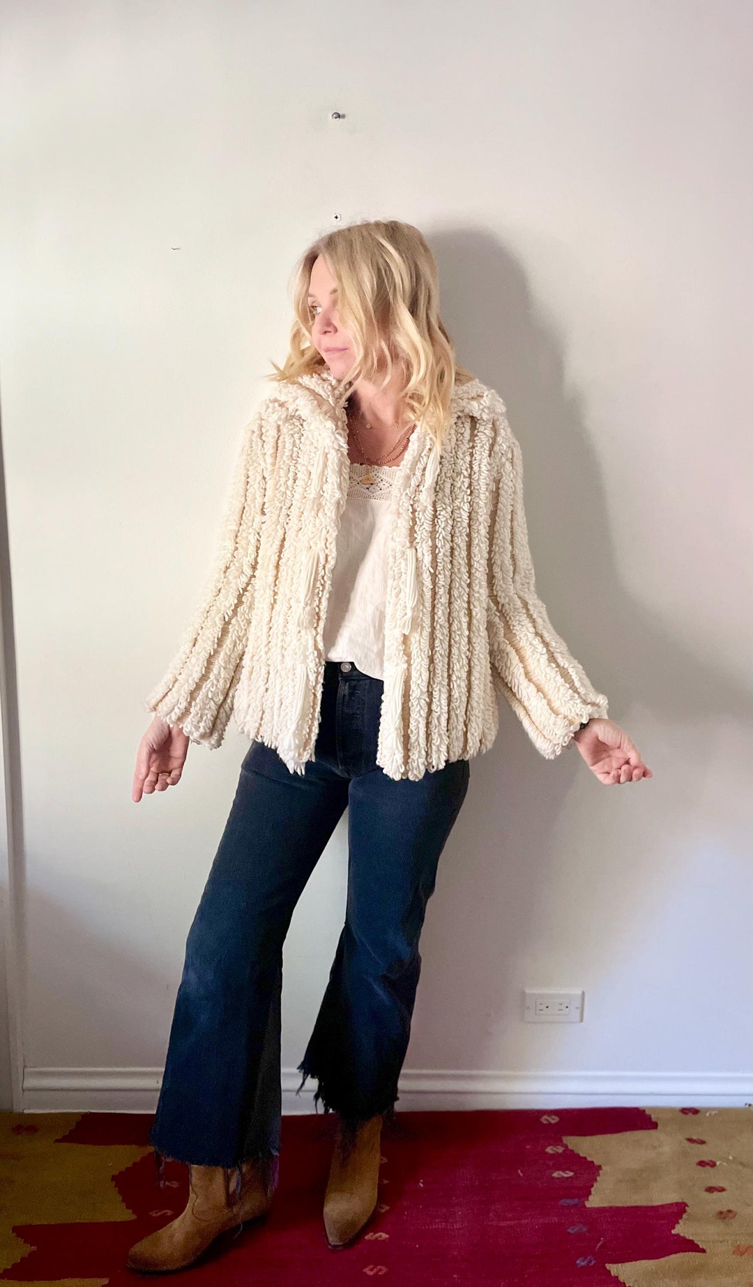 Vintage 70s Loop Yarn Sweater Coat , Shaggy Sweater Jacket , Textured ...