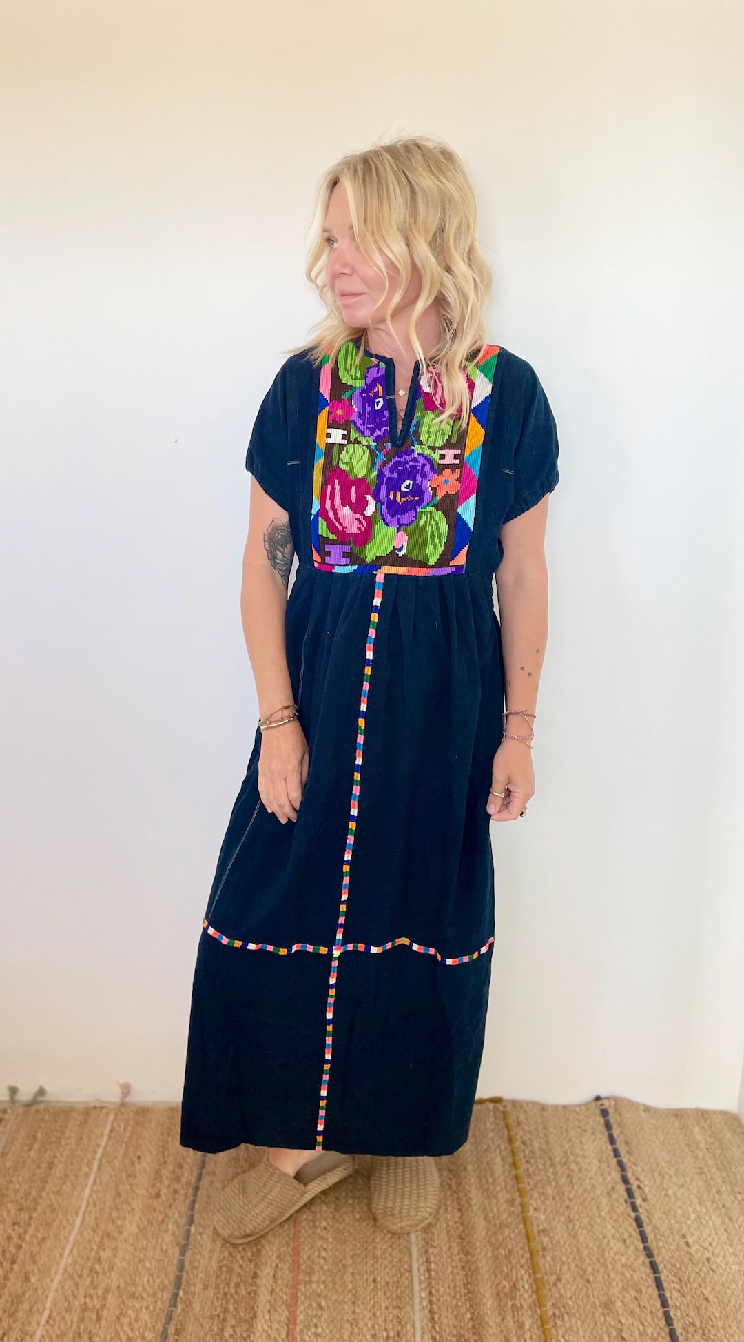 Vintage Guatemalan Hand Loomed Indigo Dress , Embroidered Huipil Dress ...