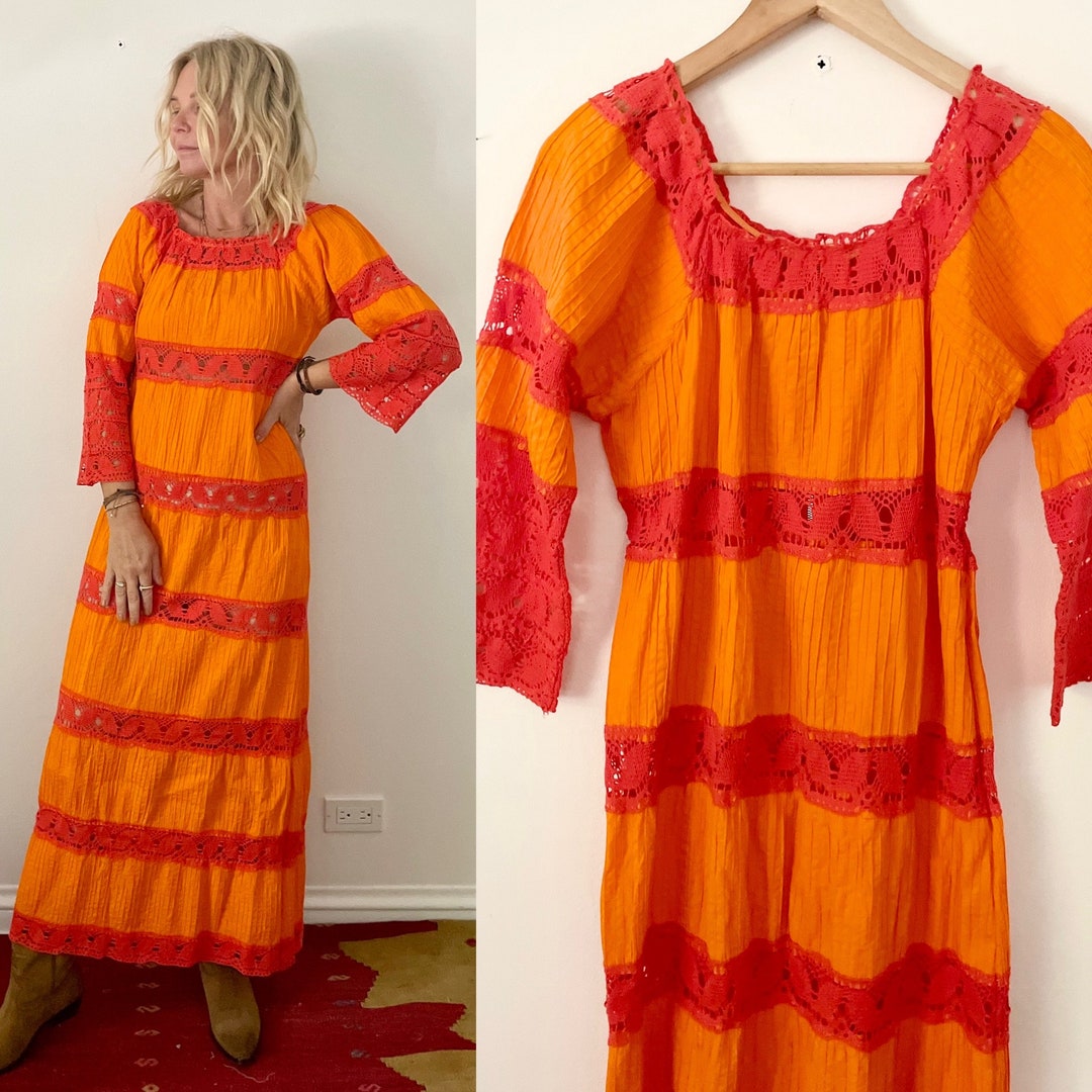 Vintage Mexican Laced Maxi Dress , Mexican Crochet Dress , Lace Dress ...