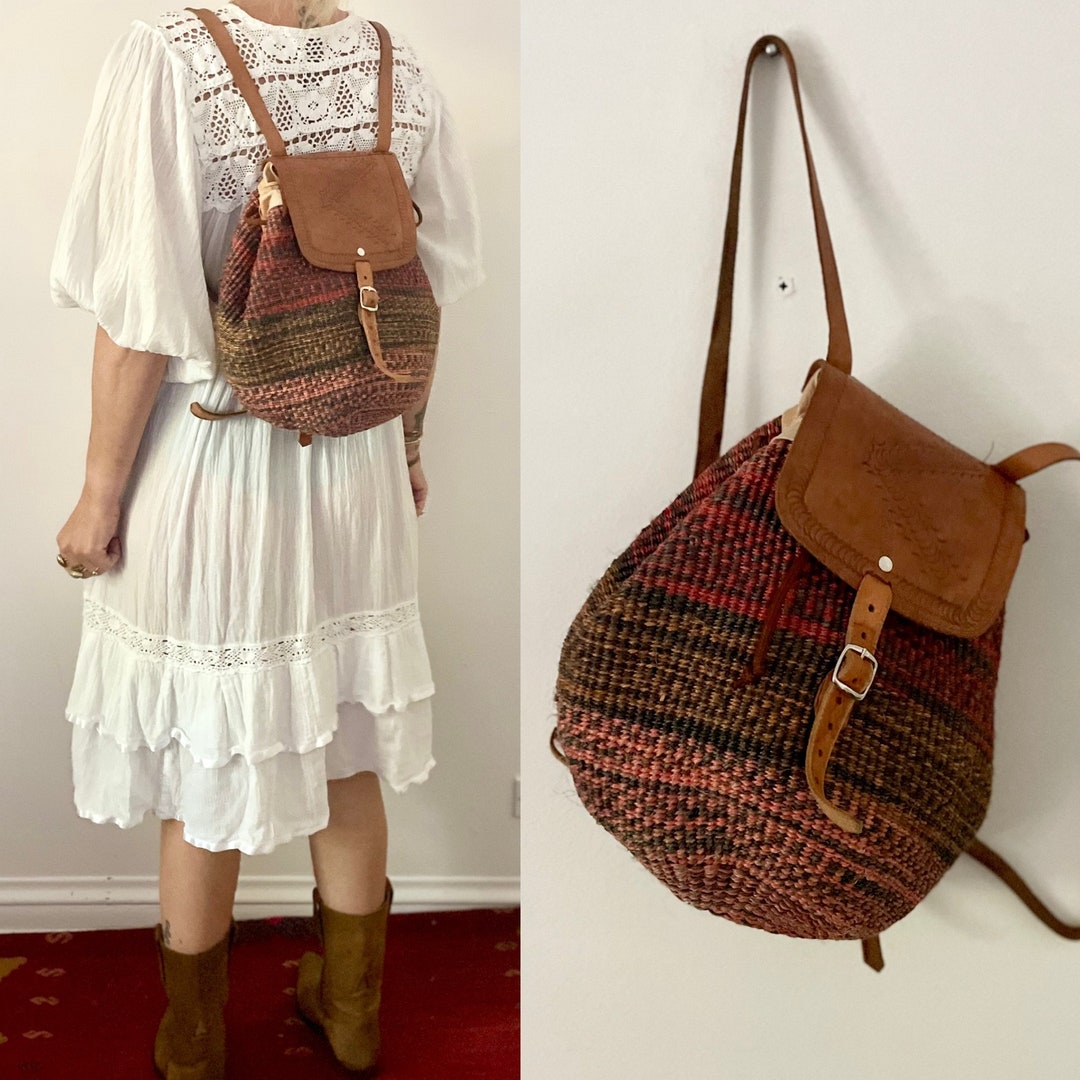 Vintage Sisal and Leather Backpack , Ethnic Straw Straw Bag, African ...