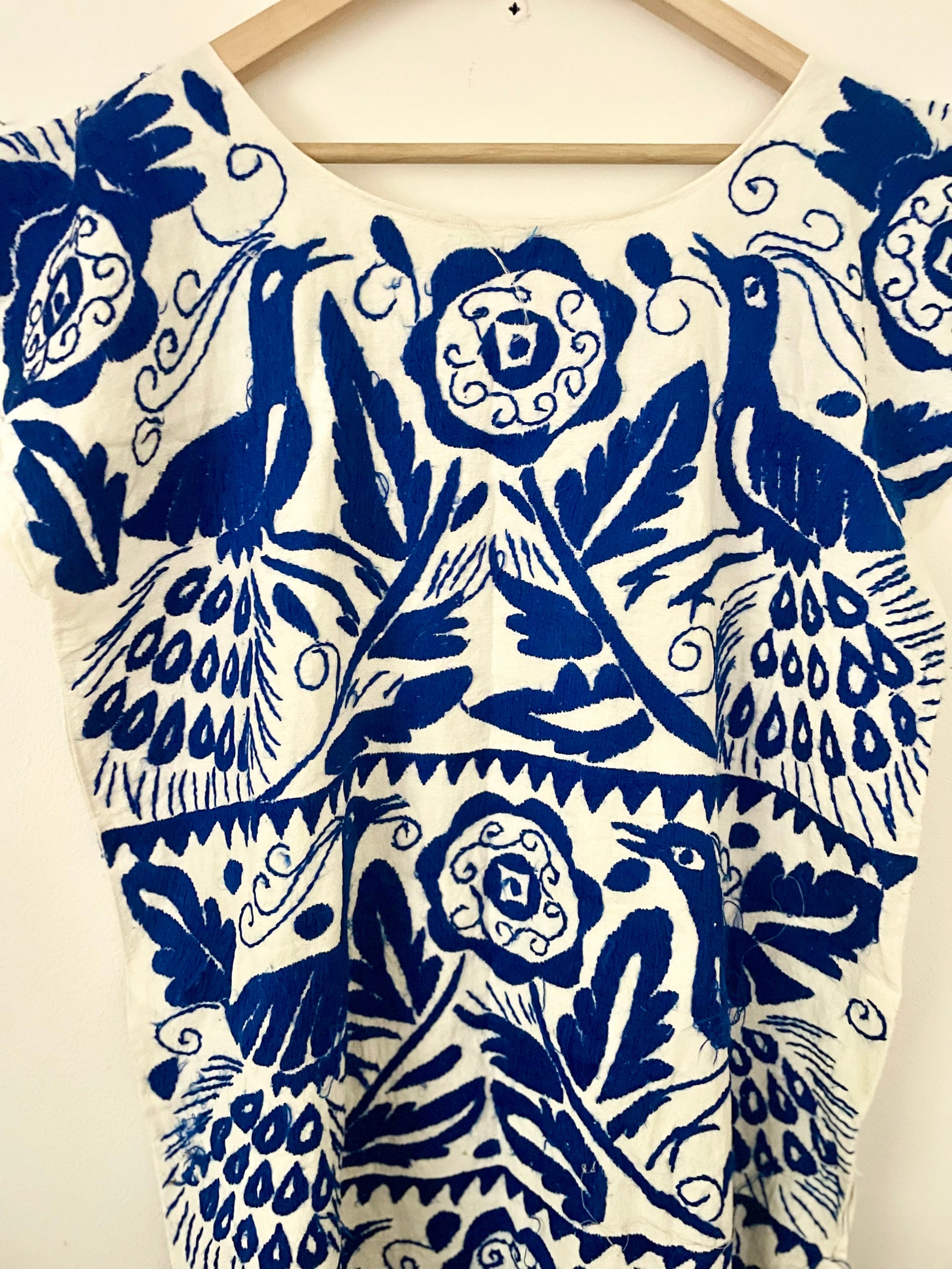 Vintage Hand Embroidered Mexican Otomi Tunic Dress , Bird Print Dress ...
