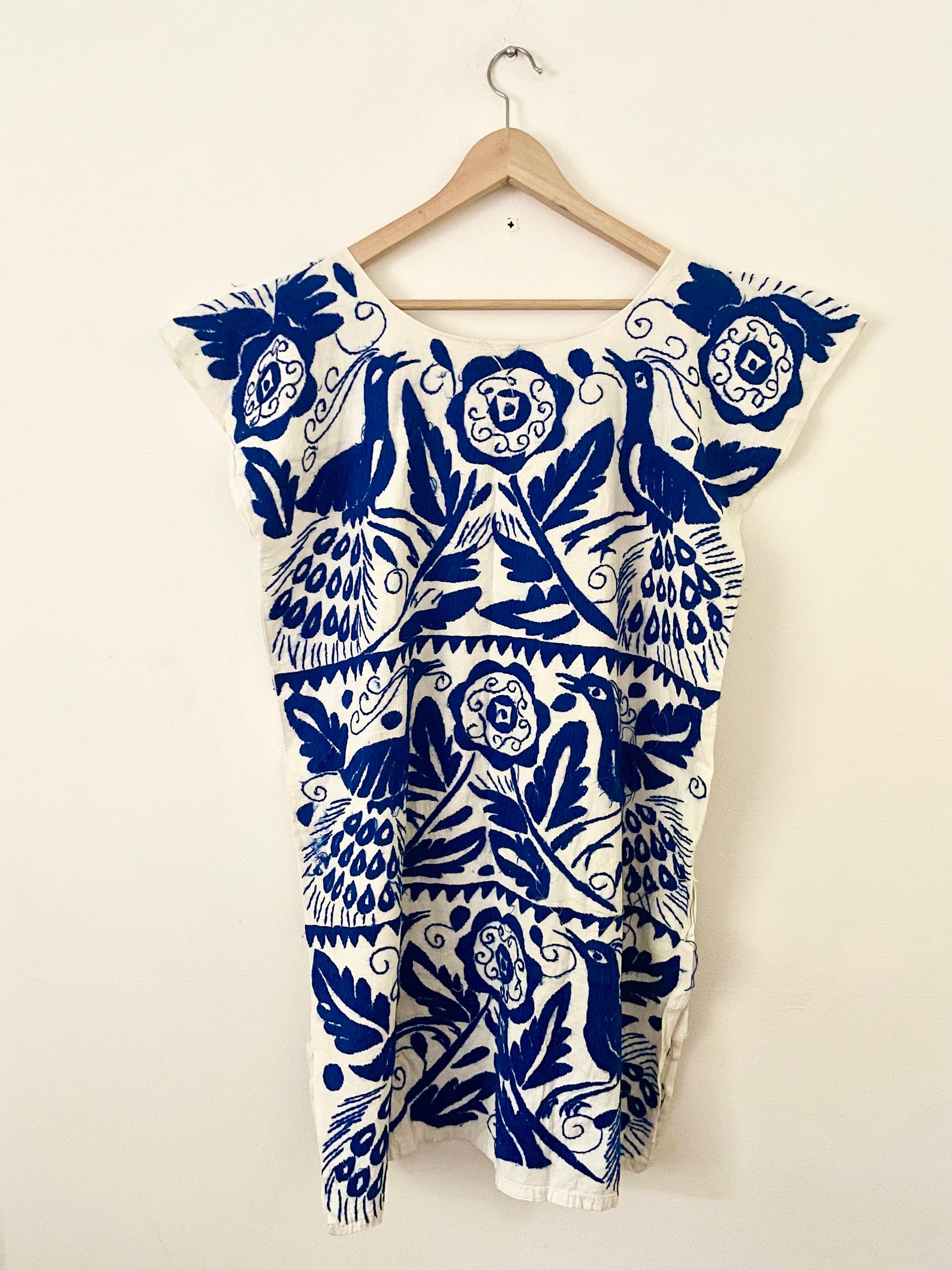 Vintage Hand Embroidered Mexican Otomi Tunic Dress , Bird Print Dress ...