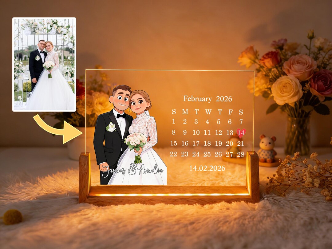 Personalized Calendar Lamp, Custom Couple Picture Night Light, Wedding ...