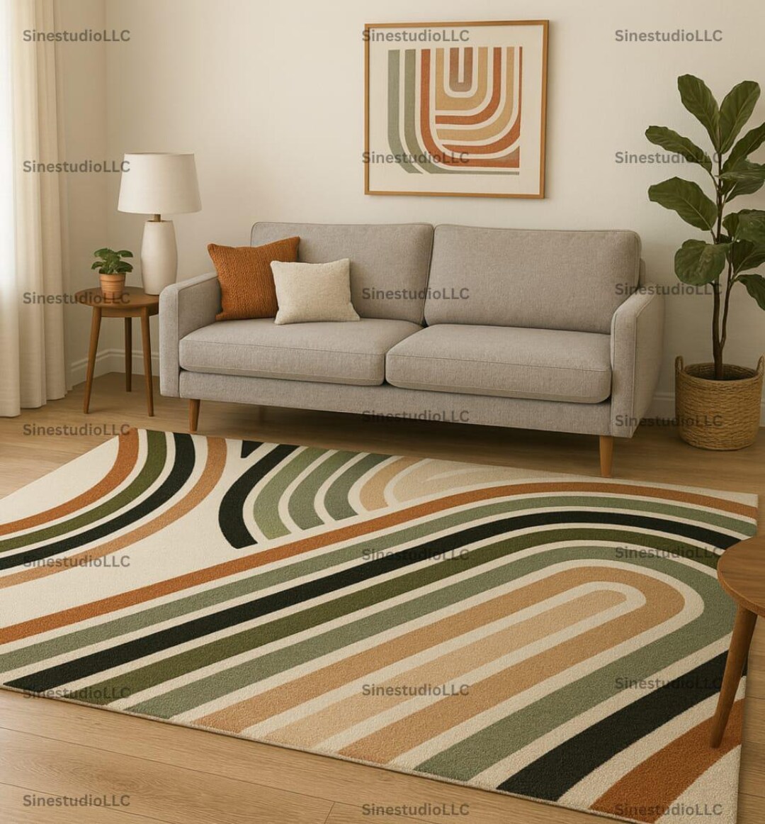 Retro Mid-century Modern Rectangular Rug With Curved Stripe Pattern in ...