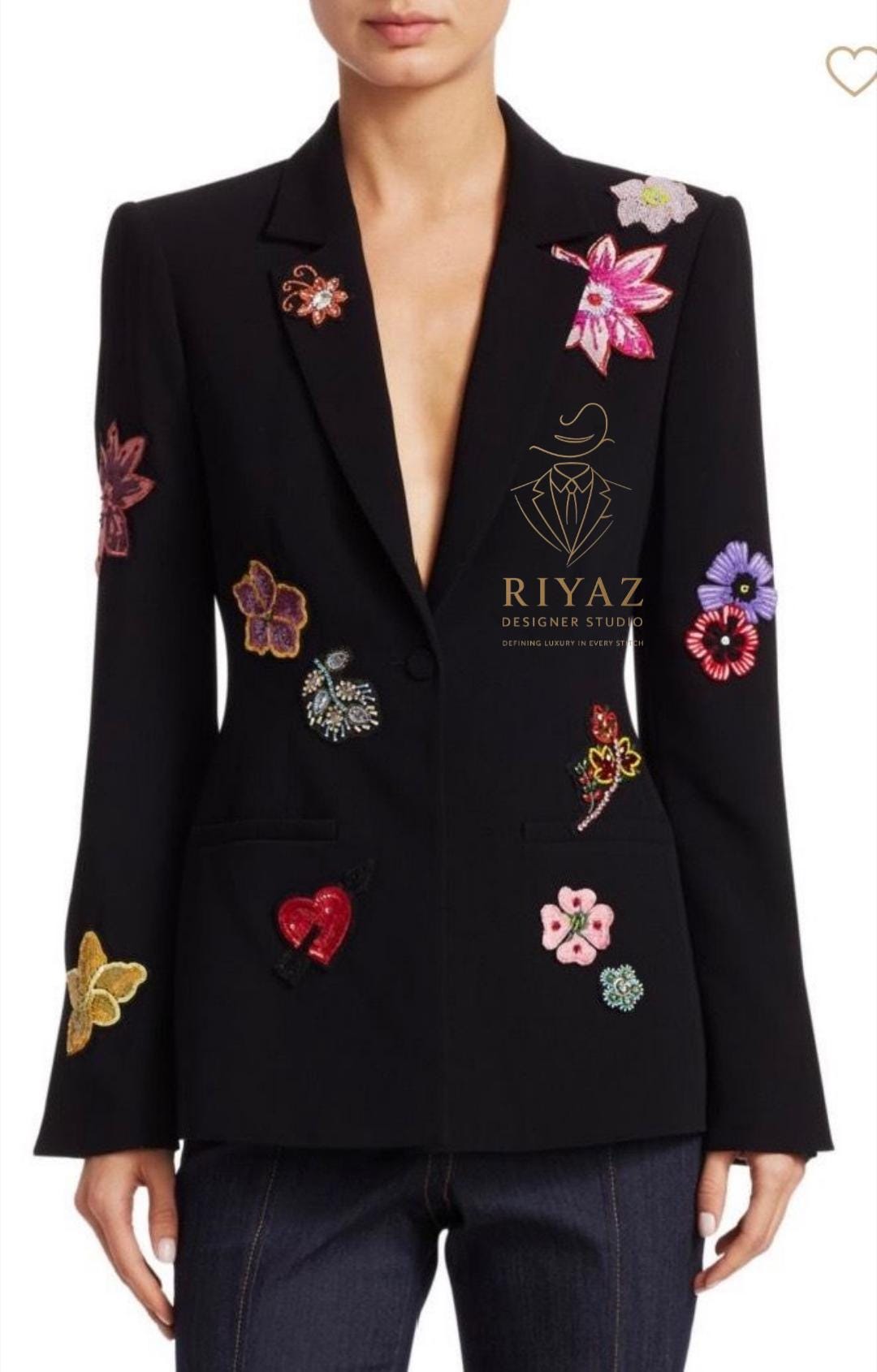 Black Embroidered Floral Blazer for Women – Handcrafted Designer Jacket ...