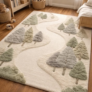 Hand Tufted Forest Path Area Rug, Woodland Tree Design Carpet, Neutral ...