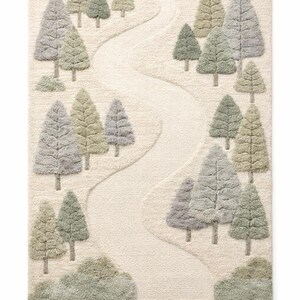 Hand Tufted Forest Path Area Rug, Woodland Tree Design Carpet, Neutral ...