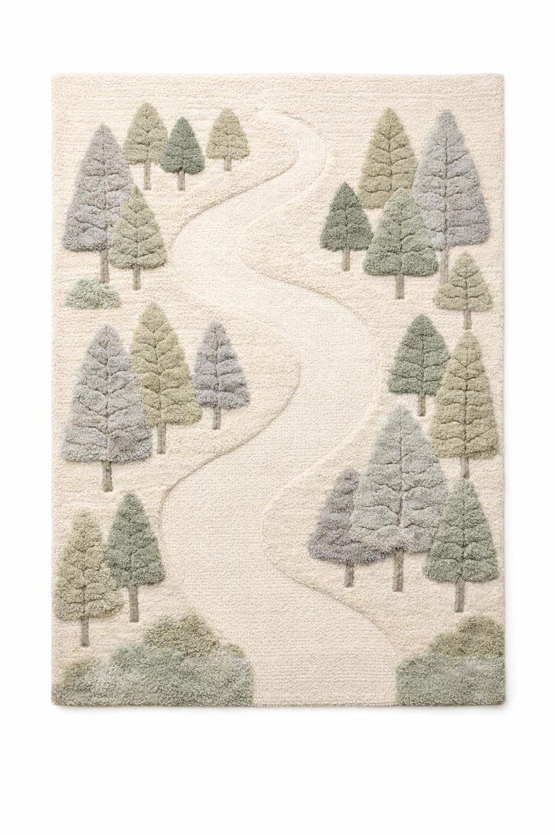 Hand Tufted Forest Path Area Rug, Woodland Tree Design Carpet, Neutral ...
