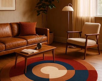 Retro Modern Round Rug Multicolor Geometric Circle Design Hand Tufted ...