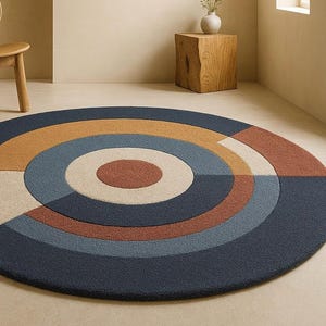 Retro Modern Round Rug Multicolor Geometric Circle Design Hand Tufted ...