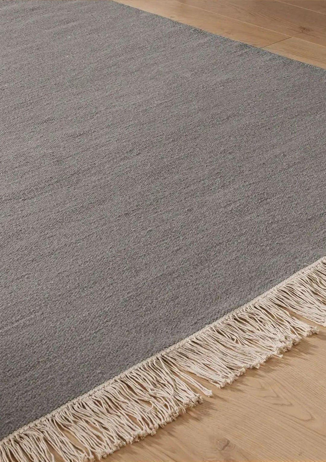 Gray Wool Durrie Rug With Fringe, Handwoven Flat Weave, Minimal Modern ...