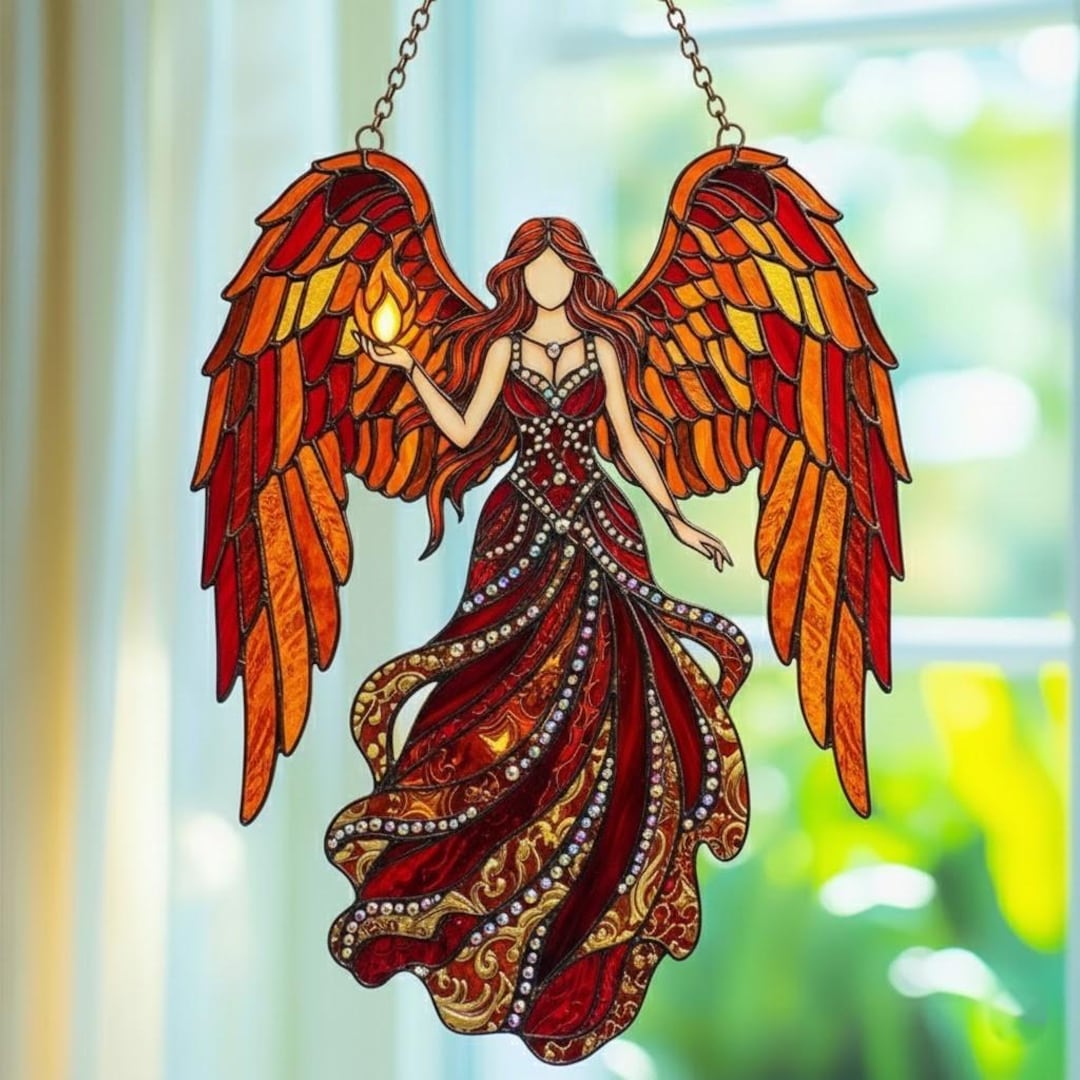 Phoenix Angel Suncatcher, Fiery Goddess Window Hanging, Mythical Fire ...
