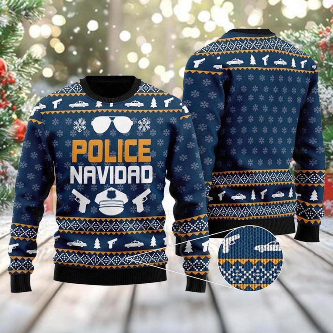 Police Navidad Christmas Sweater, Funny Blue Holiday Jumper for Law ...