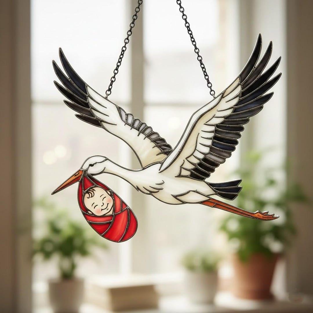 Stork Delivering Baby Suncatcher, Newborn Arrival Window Hanging, Baby ...